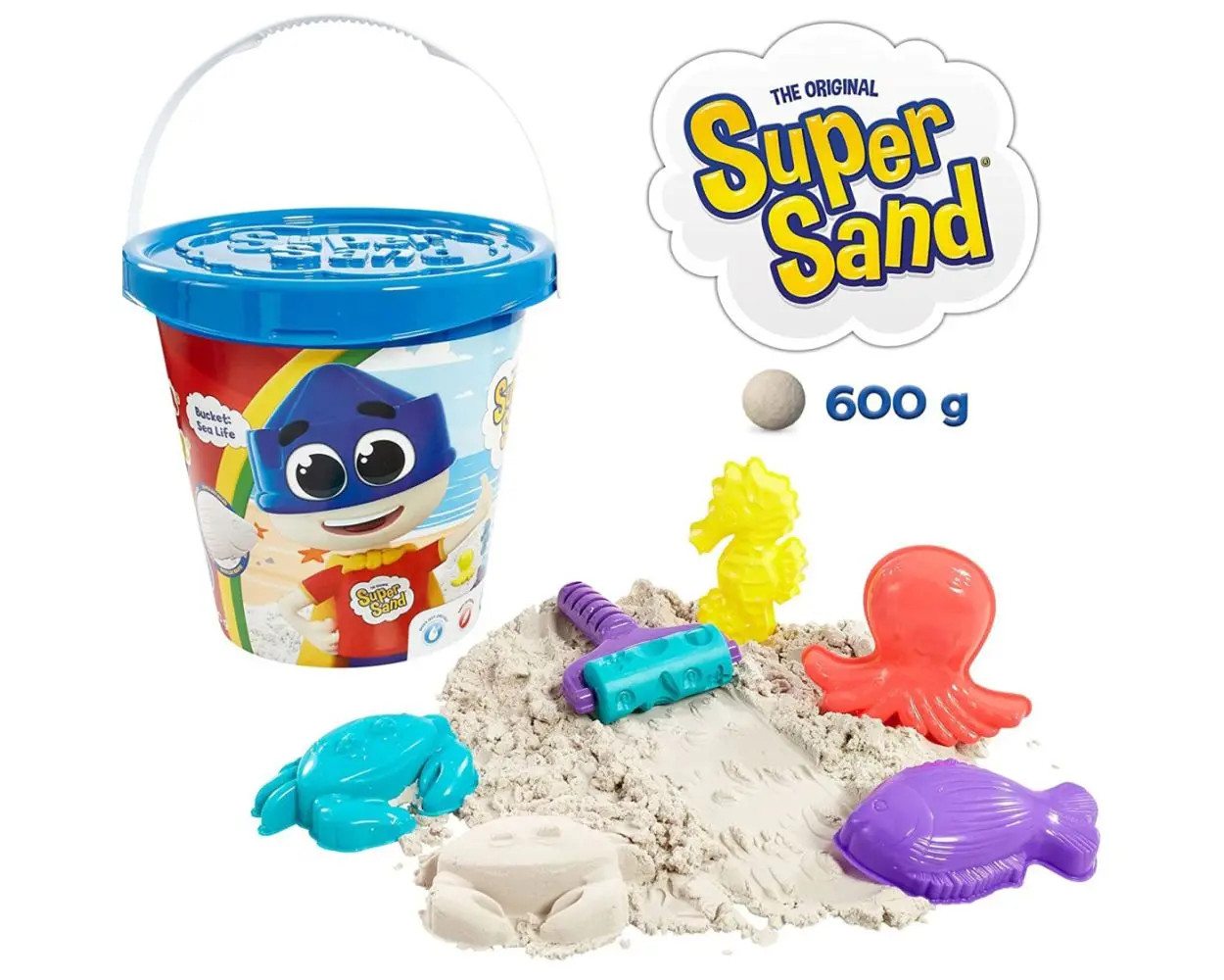 Kinetinis smėlis su priedais mėlyname kibirėlyje „Super Sand”