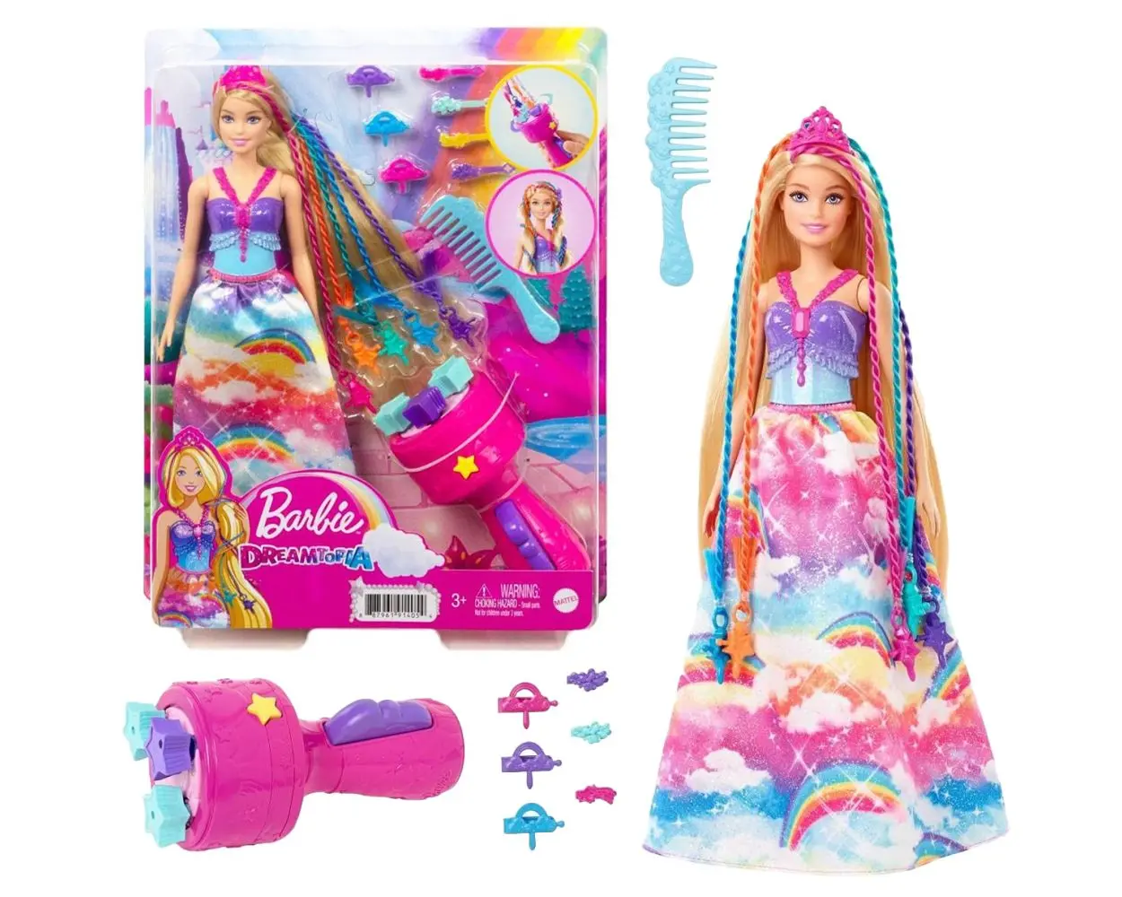 Barbė lėlė su plaukų dekoravimo rinkiniu „Dreamtopia Twist ‘n Style”, HNJ06
